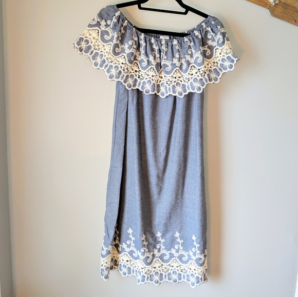 Kaktus | Dresses | Kaktus Off The Shoulder Lace Denim Dress | Poshmark